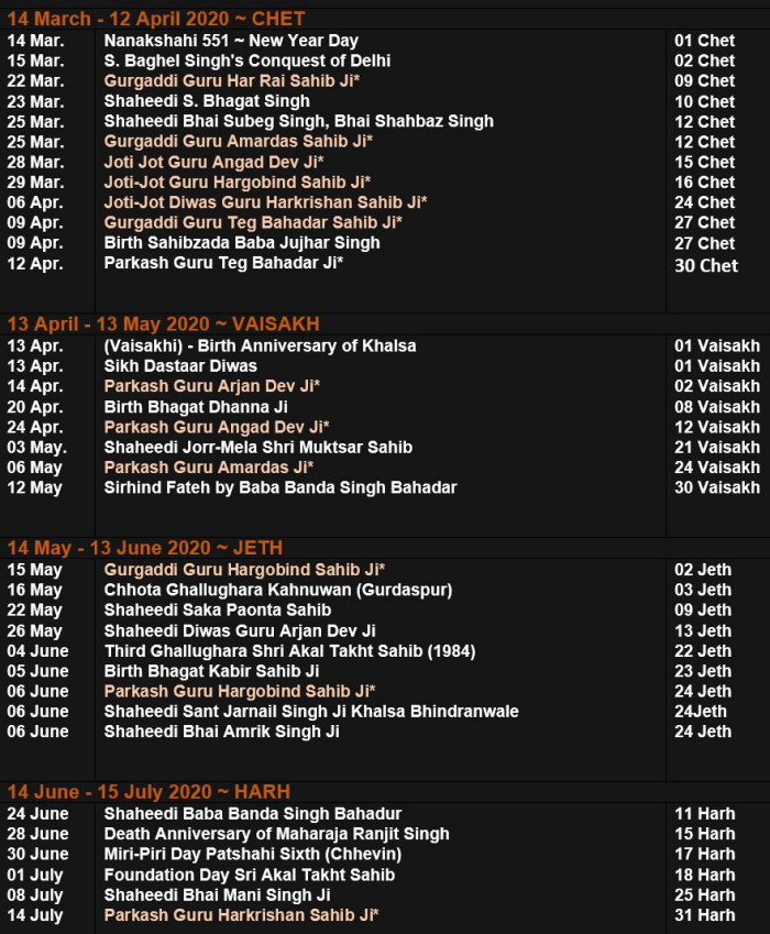 Sikh Calendar 2020-21 ~ Samat 552 | SikhNet
